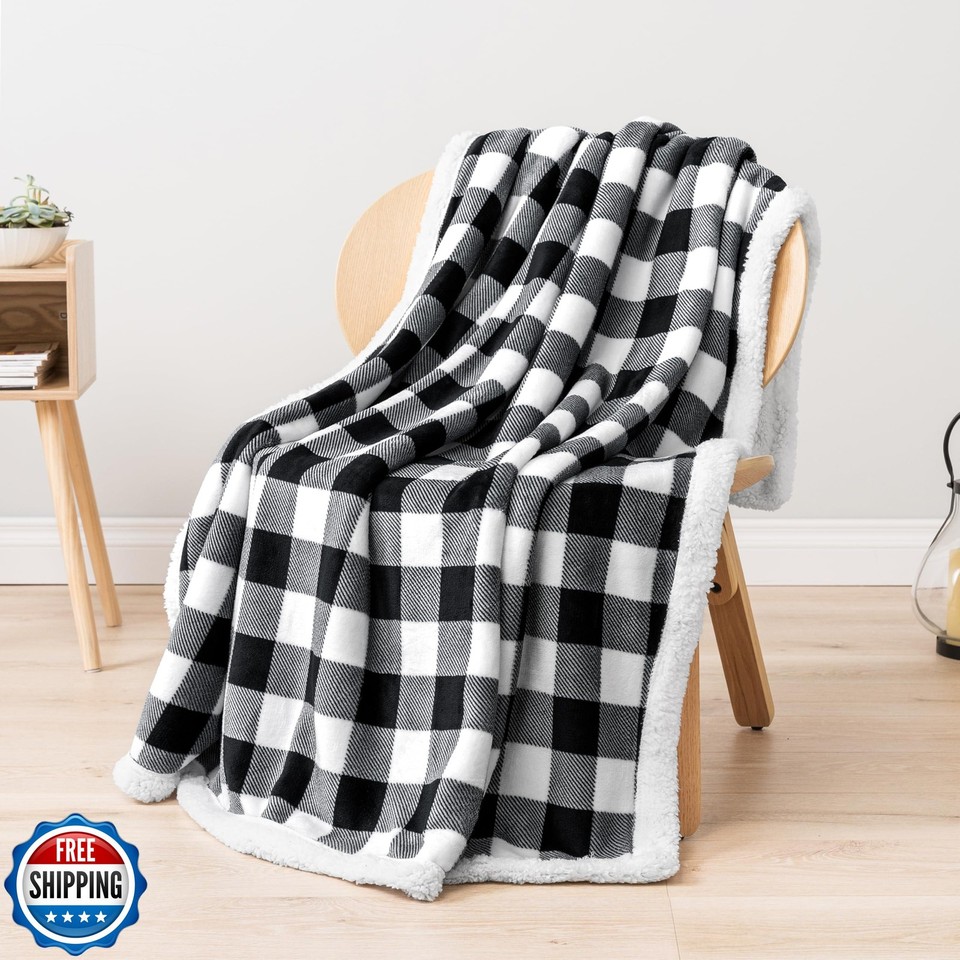 PAVILIA Black and White Buffalo Plaid Sherpa Throw Blanket for Couch ...