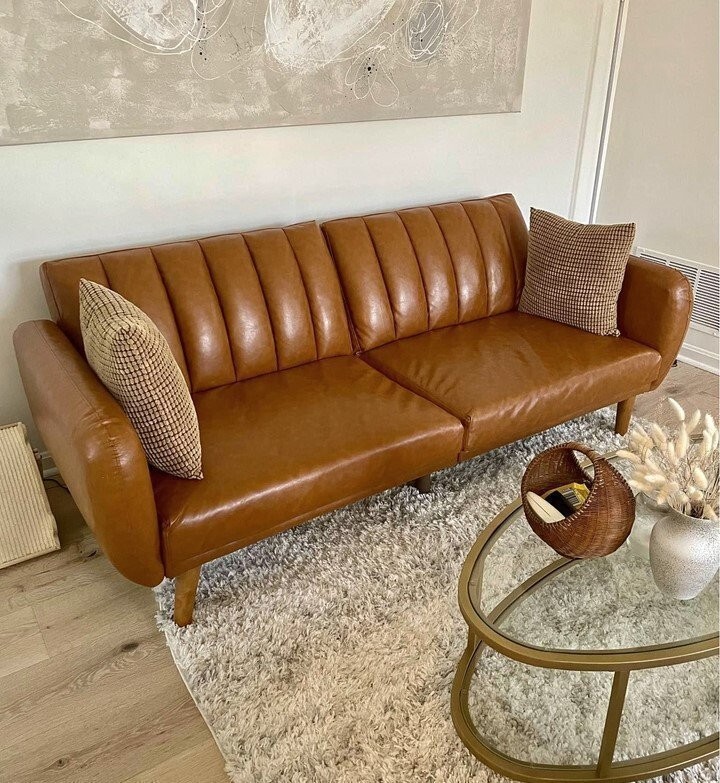 Mid-Century Modern Faux Leather Convertible Futon Sofa Bed Couch ...