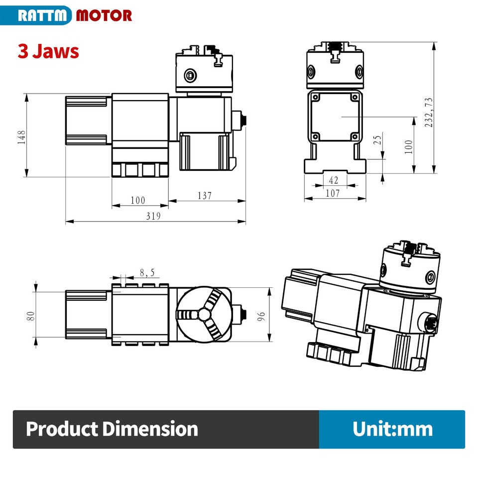 CNC 4th 5th Axis Rotary A+C Axis 100mm 4jaw chuck Harmonic Gearbox ...