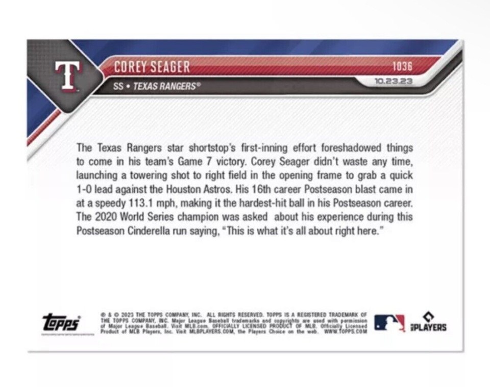 ONLY 828 Printed Corey Seager 2023 Topps NOW #1036 MLB Texas Rangers | eBay