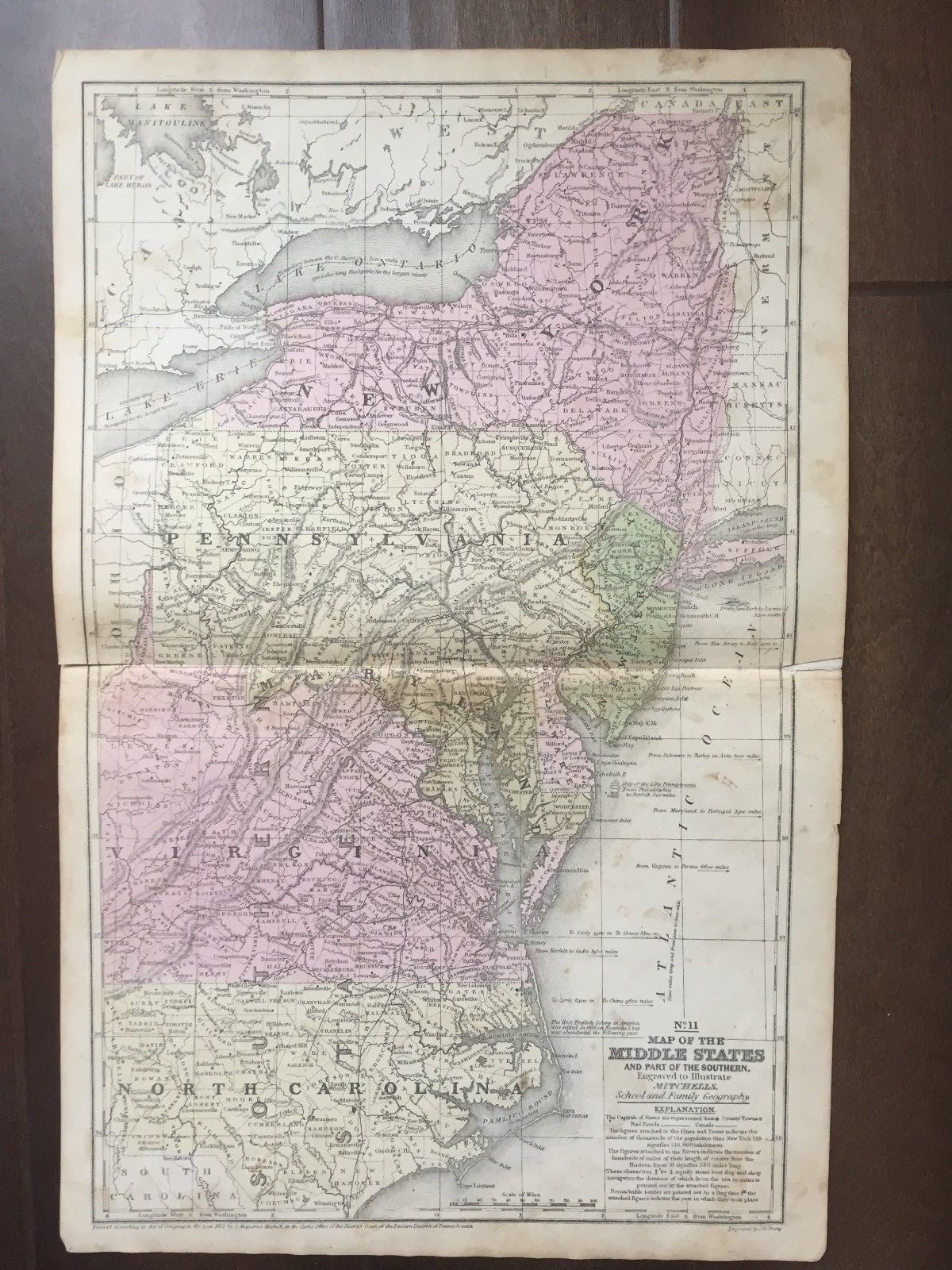 Hand-Colored Map of the Middle States (1855)-"Mitchell's School Atlas ...