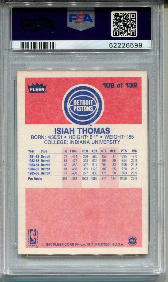 1986 Fleer Basketball #109 Isiah Thomas Rookie Card Graded PSA 9 MINT ...