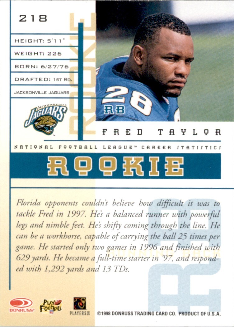 1998 Leaf Rookies & Stars #218 Fred Taylor Rookie Jacksonville Jaguars ...