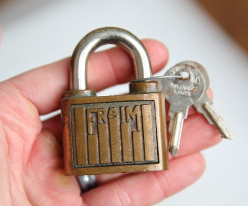 Antique Fraim heavy brass padlock w/ key vintage old lock tool box ...