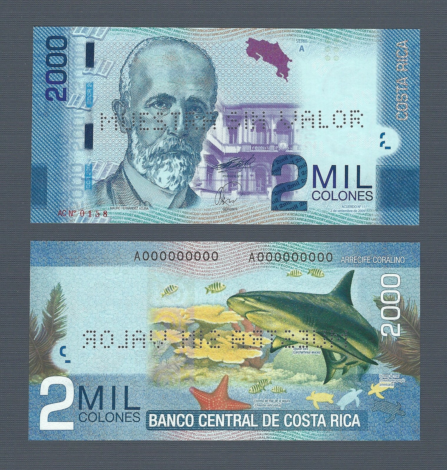 COSTA RICA 2000 Colones 2009 (2 Mil), SPECIMEN P-275as (P-275s ...
