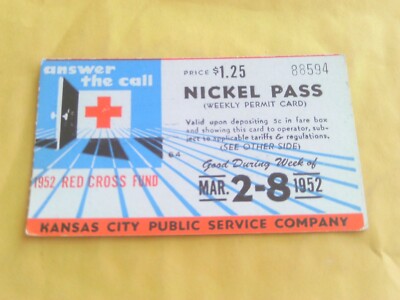 RARE 1952 BUS WEEKLY NICKEL PASS KANSAS CITY MISSOURI RED CROSS FUND AD ...