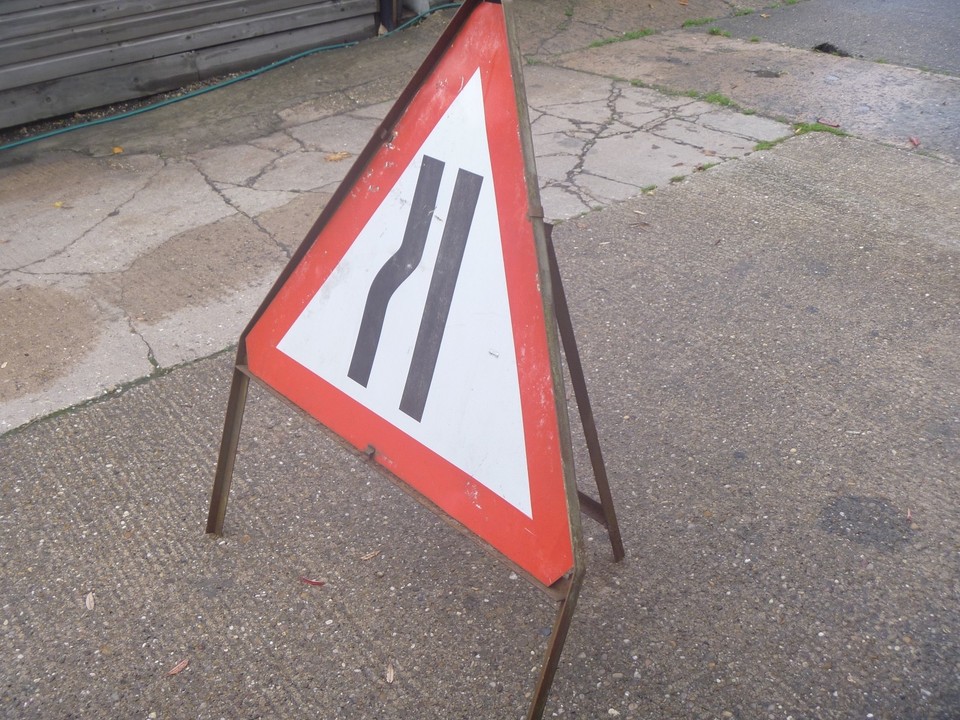 VINTAGE METAL FOLDING FRAME WARNING ROAD TRAFFIC SIGN .SHOP,PROP,BAR ...