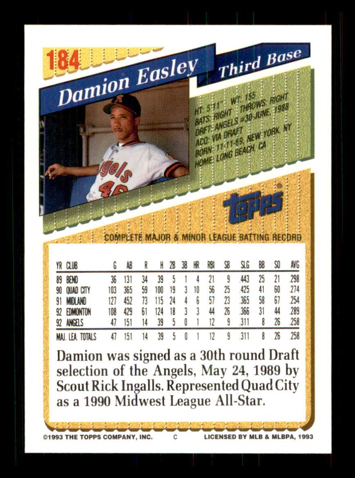 1993 Baseball Topps Damion Easley California Angels #184 | eBay