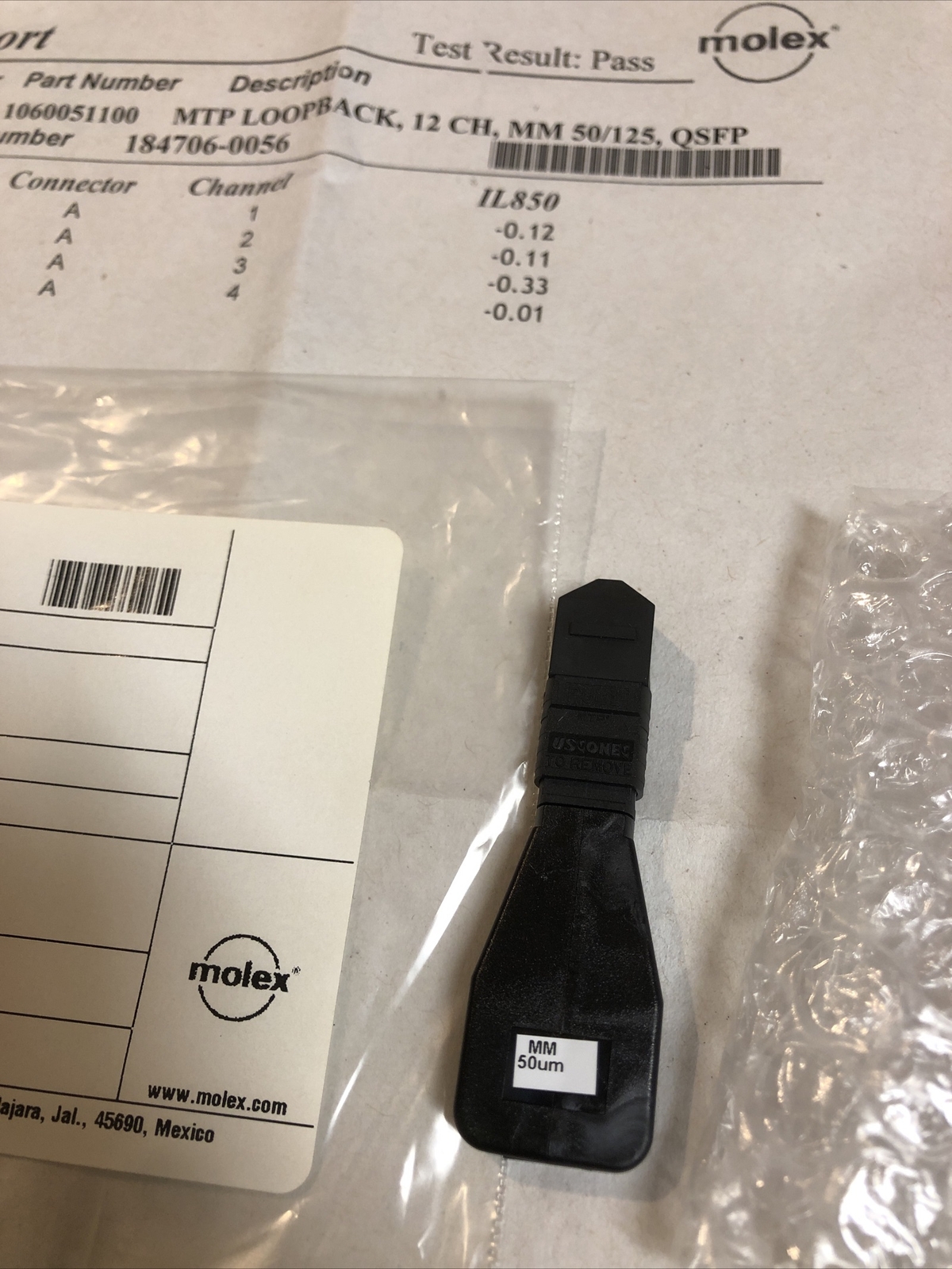 NEW Molex MTP Loopback Multimode 12 Fiber 50/125µm QSFP Pin Out 106005 ...