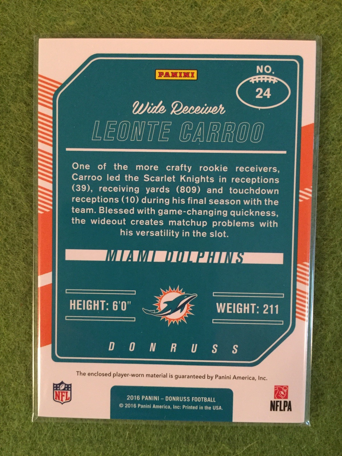 LEONTE CARROO JERSEY ROOKIE CARD Dolphins Football 2016 Donruss#24 Rare ...