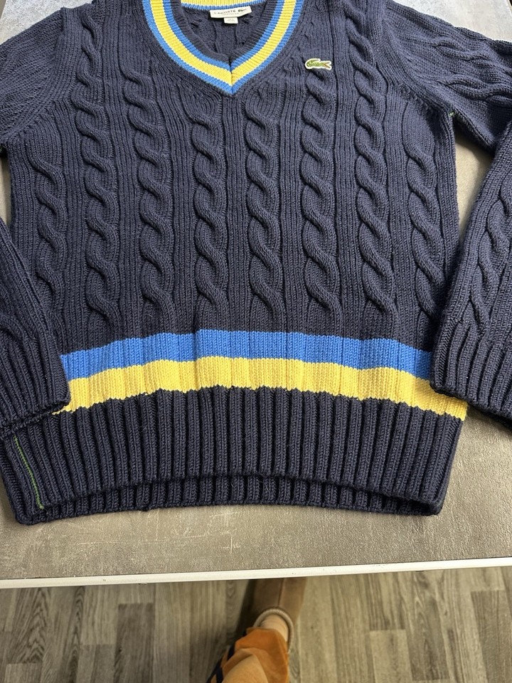 Retro Lacoste Tennis Cricket Jumper Small Cable Knit Blue Yellow Heavy ...