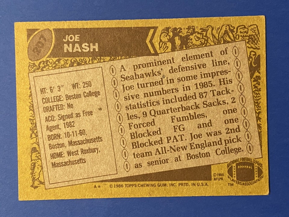 JOE NASH Signed 1986 Topps #207 Seattle Seahawks Boston College ...