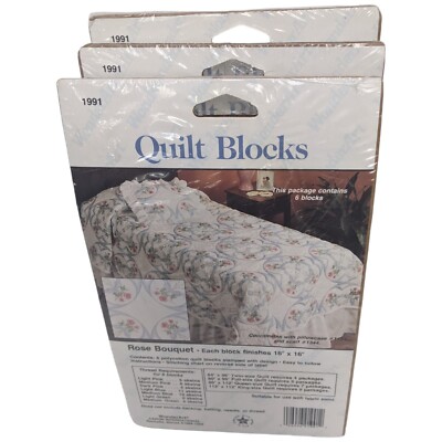 WonderArt Stamped Quilt Blocks 3 Packages Rose Bouquet #1991 16” X 16 ...