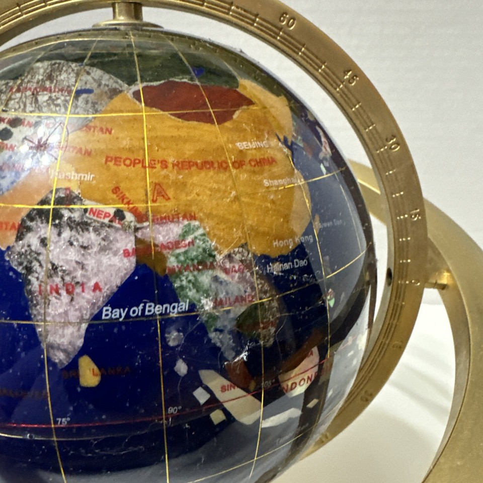 LARGE 12" x 12 Gemstone World Globe Compass Tripod Metal Footed Stand ...