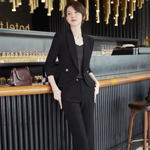 Costume Ensemble Femme Bureau Veste Long Blazer Pantalon Slim Noir ...