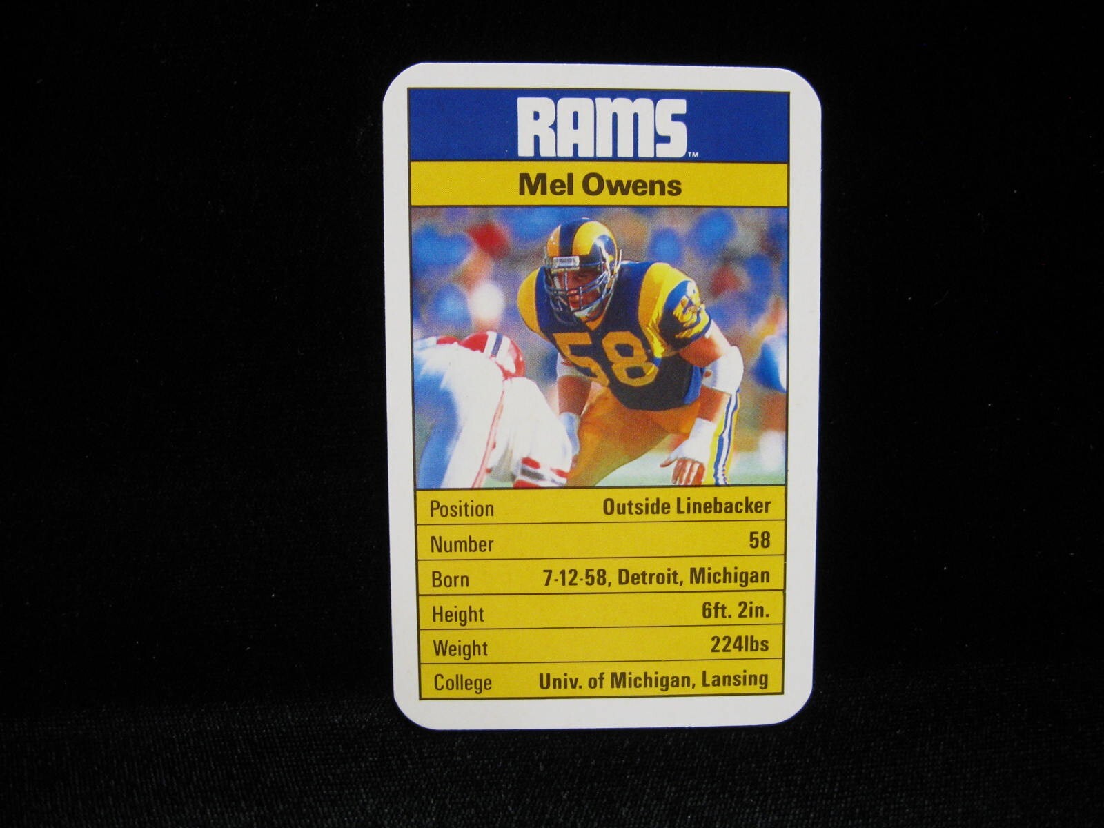 1987 Mel Owens Los Angeles Rams "Ace Fact Pack" Card United Kingdom #58 ...