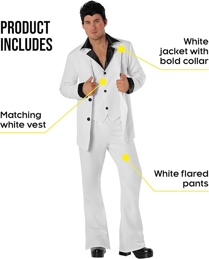 Men`s Saturday Night Fever Costume Adult 70s White Disco Suit Flares M ...