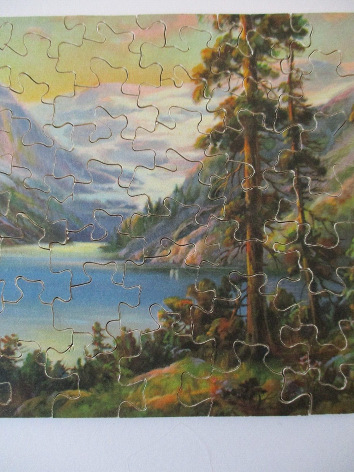 Vintage Wooden Puzzle Mountain Scene with Pine Trees Lake Almost ...