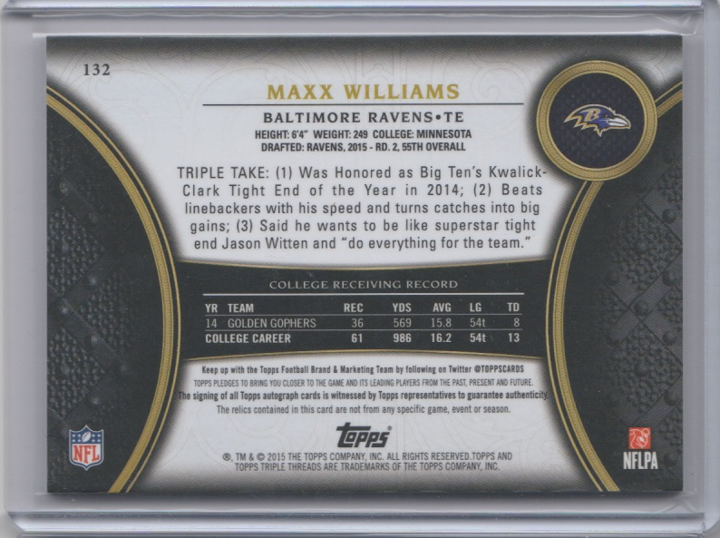 Maxx Williams 2015 Topps Triple Threads rookie RC RPA autograph auto ...