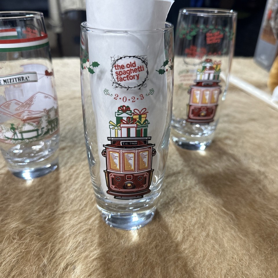 The Old Spaghetti Factory Glass Tumblers Lot Of 3 Italian Soda Trolley ...