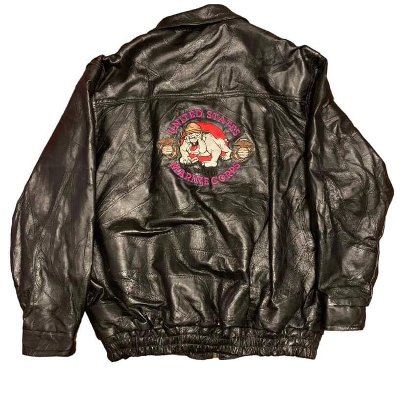 USA Leather USMC Marine Corps Black Leather Bomber Jacket Zip Up Mens ...