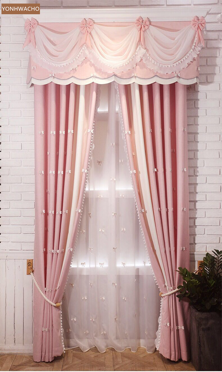 Romantic lace pink pastoral princess cloth blackout curtain valance ...