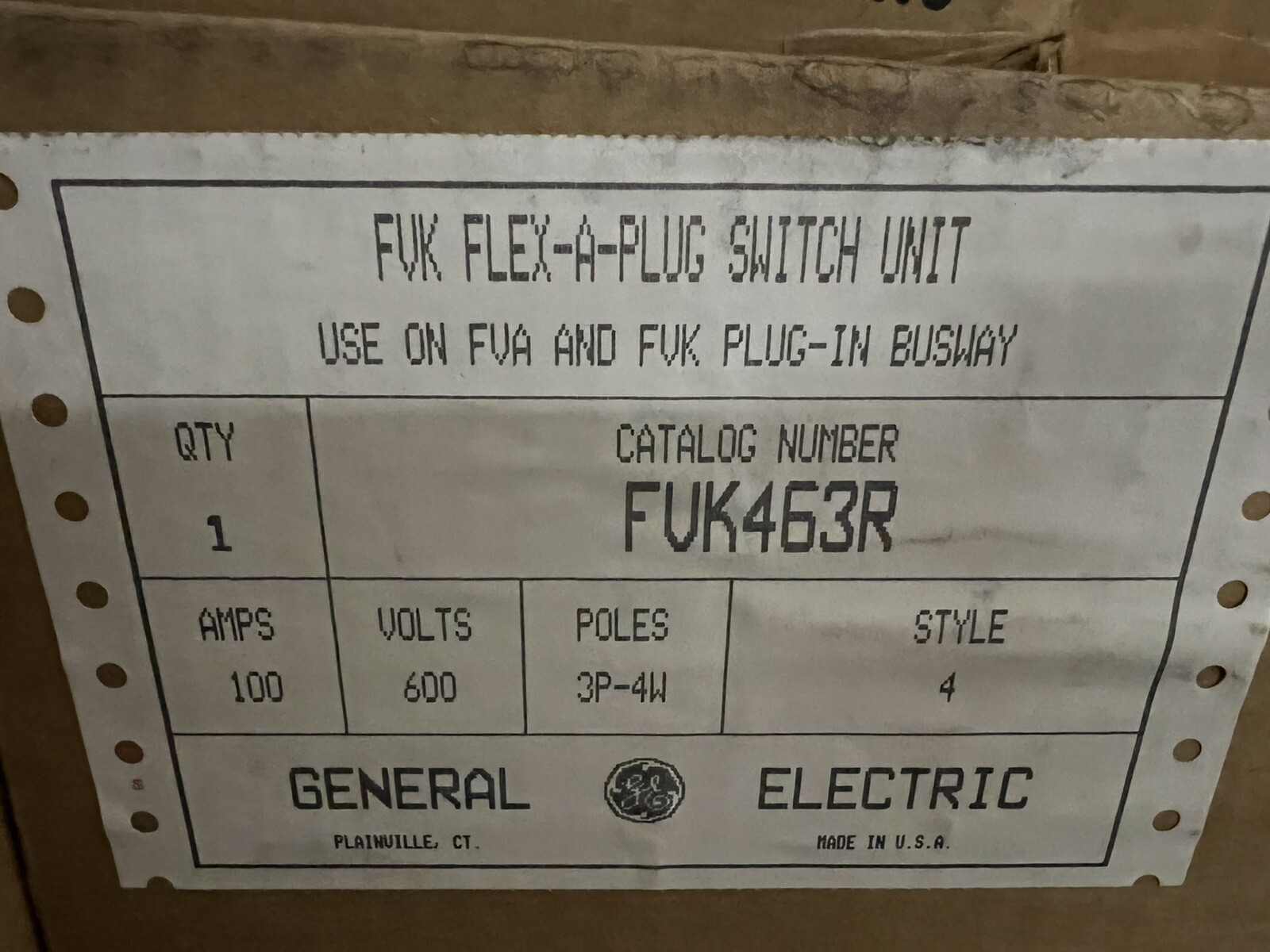 FVK463R GE 100 Amp 600V 3P 4W Fusible Bus Plug New in Box FVK ...