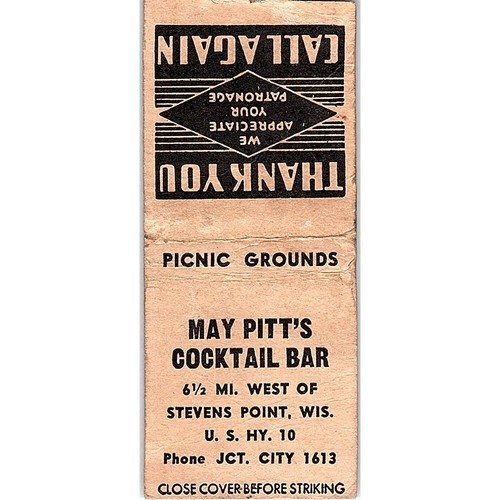 May Pitt's Cocktail Bar Stevens Point WI Vintage Matchbook Cover SC7-Y8 ...