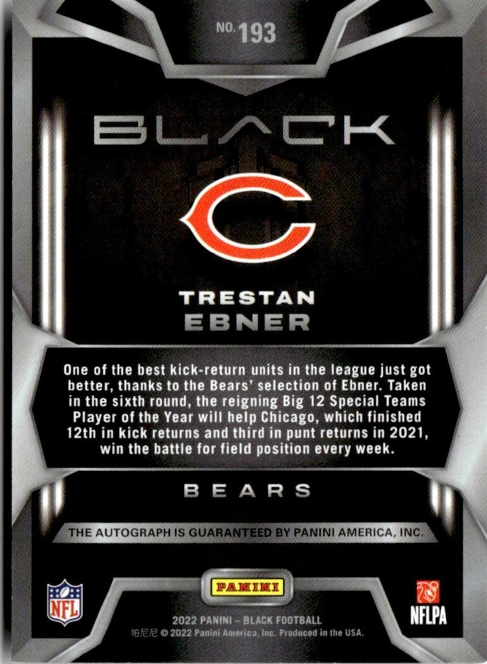 2022 Panini Black Rookies Autographs Trestan Ebner Rookie Auto 096/199 ...