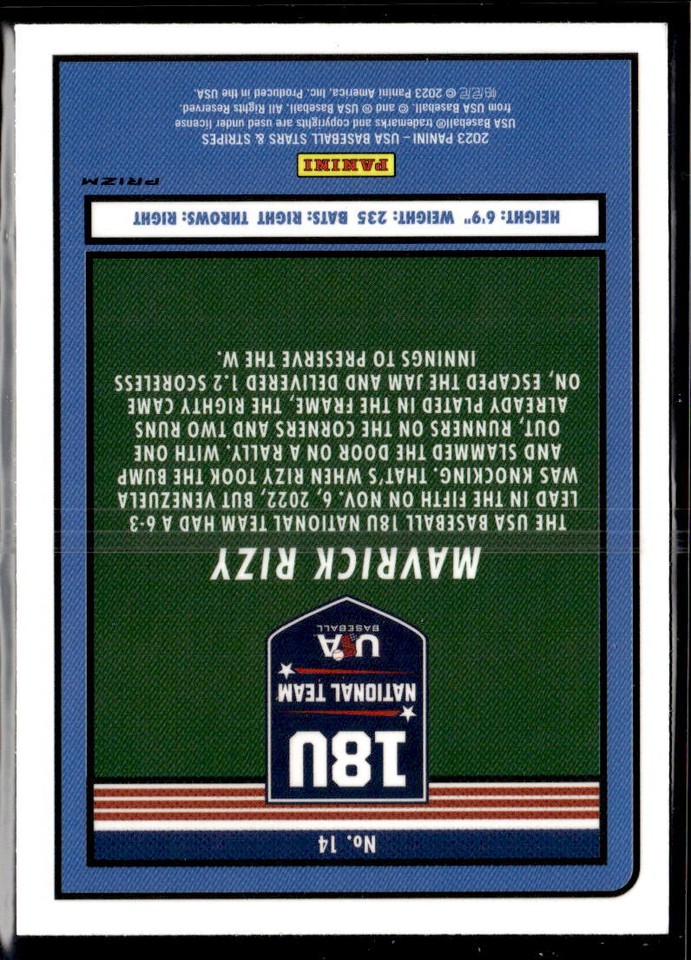 2023 Panini USA Baseball Stars & Stripes #14 Mavrick Rizy Red White and ...