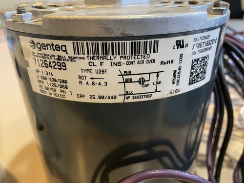 genteq HP 1-3/4, 71264299 220-230 RPM 1125/950 PH 1 TYPE U26F ...