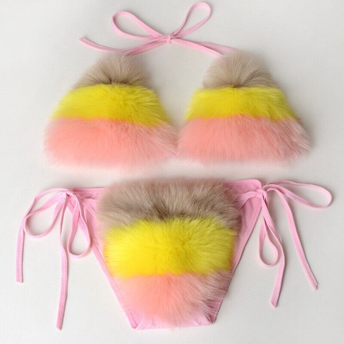 Fox Fur Swimsuit Beach Bikini Sexy Split Fur Bikini Set Micro Bra G ...