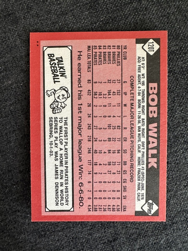 Bob Walk Pirates 1986 Topps Traded #120T | eBay
