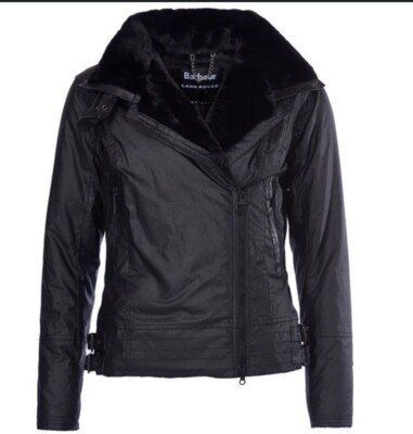 Barbour Range Rover Asymmetric Waxed Jacket Faux Fur Lined Ladies Size ...
