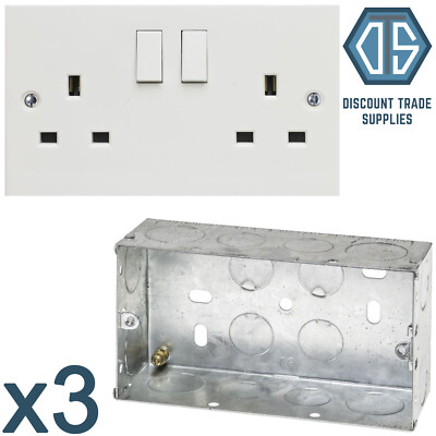 3x 2 Gang Double Socket Switched White Wall and 25mm Double Metal Back ...