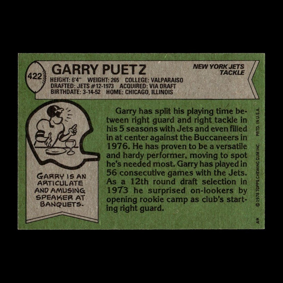 Garry Puetz 1978 Topps New York Jets #422 R309D | eBay