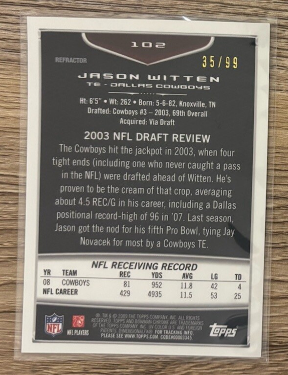 Jason Witten Card 2009 Bowman Chrome Green Refractor #102 /99 Dallas ...