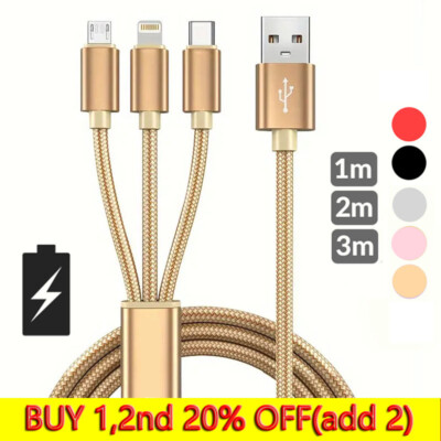 3 in 1 Multi Head USB Super Fast Charging Cable Braided Most Device ...