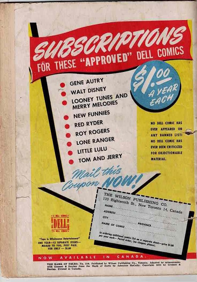 DELL 4 COLOR MARK OF ZORRO#228 (1949) LOW GRADE DETACHED 1 STAPLE ...