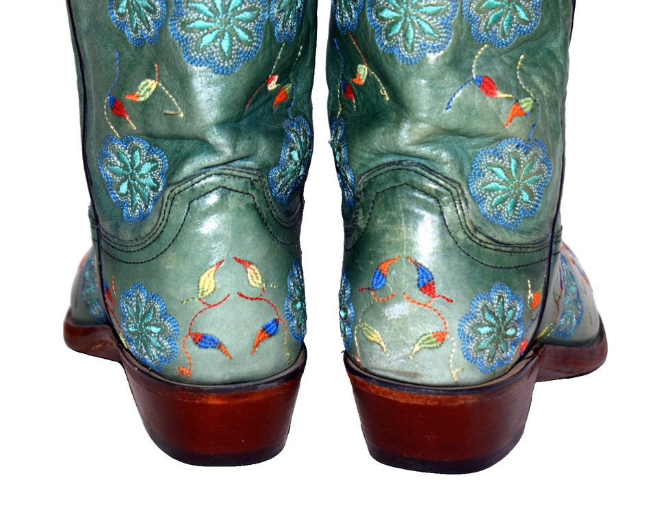 LUCCHESE 1883 Teal Blue Leather FLORAL Cowgirl Boots Snip Toe Sz 6.5 B ...