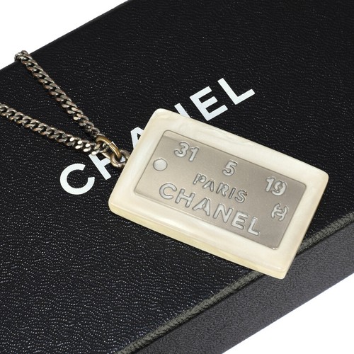 Chanel Logo Plate Pendant Necklace White Ivory Silver Color Vintage ...
