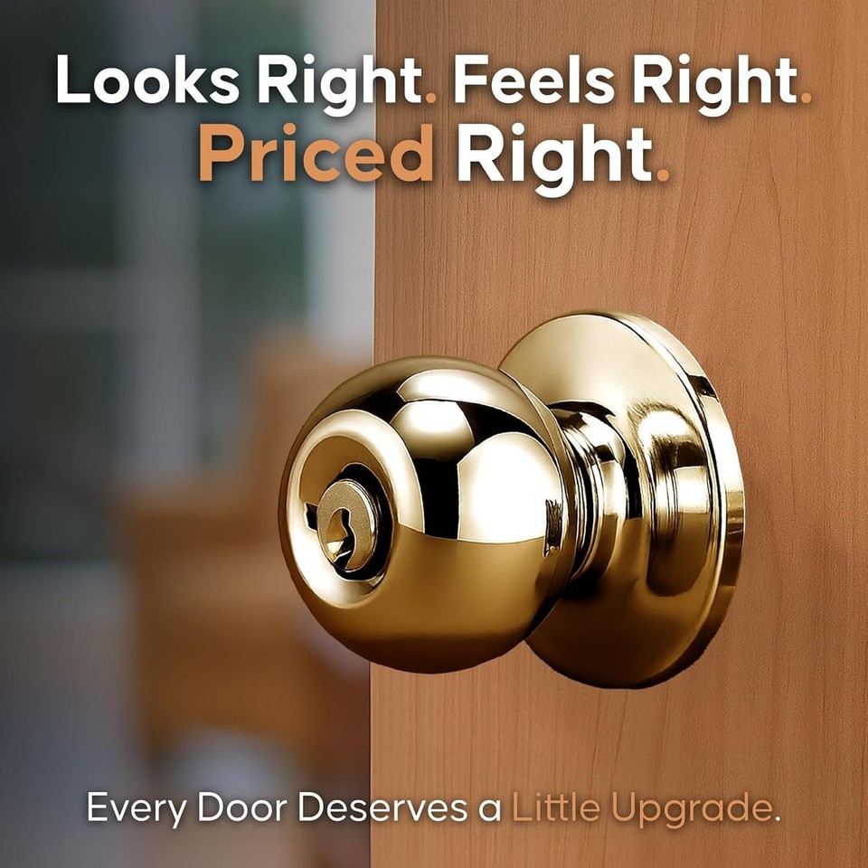 Ambidextrous Key Lock Door Knob in Polished Brass - Stylish & Reliable ...