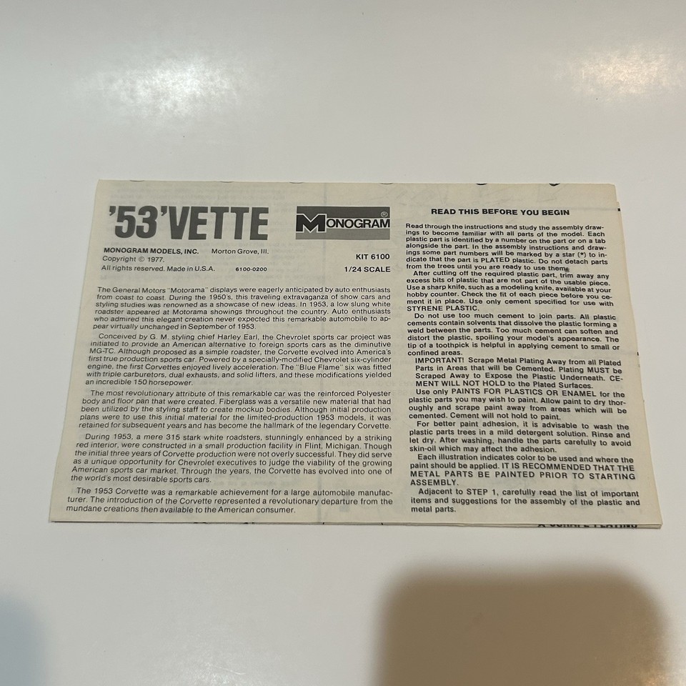 Monogram Die Cast 1953 Metal & Plastic Corvette Unassembled Model Kit ...
