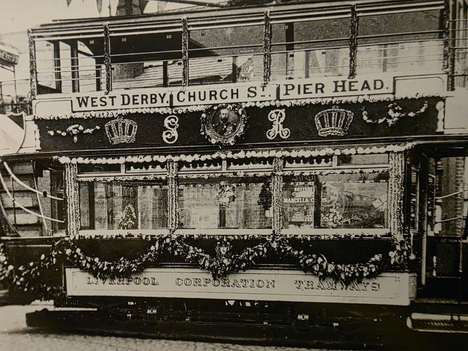 LIVERPOOL CORPORATION TRAMS. COPYRIGHT PHOTO. WEST DERBY DECORATED TRAM ...