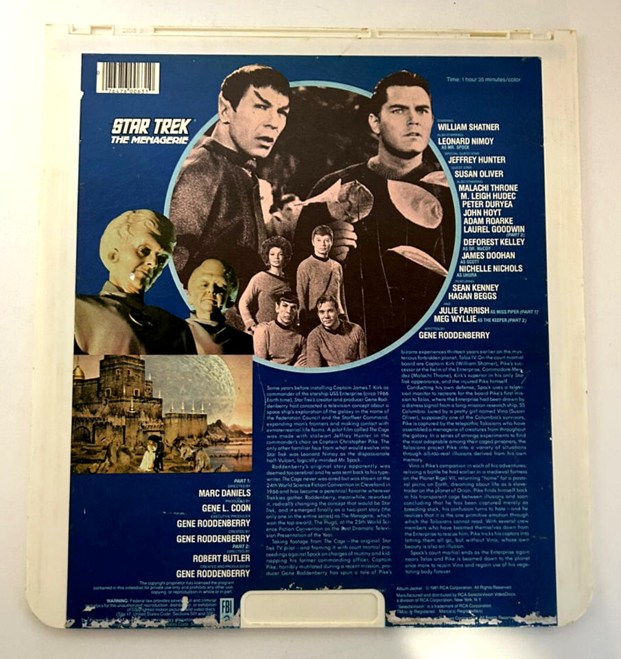 Star Trek The Menagerie RCA SelectaVision CED VideoDisc Classic TV ...