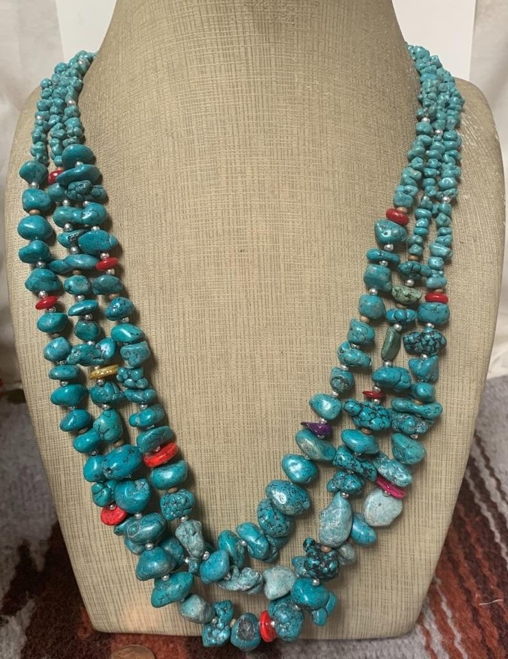 Old looking Block(reconstituted) turquoise//coral gem necklace/24 ...