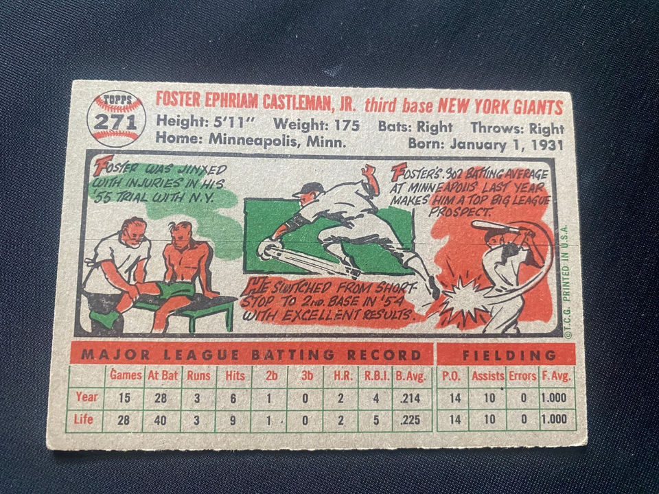 1956 TOPPS BASEBALL #271 - FOSTER CASTLEMAN -NEW YORK GIANTS - EXC COND ...