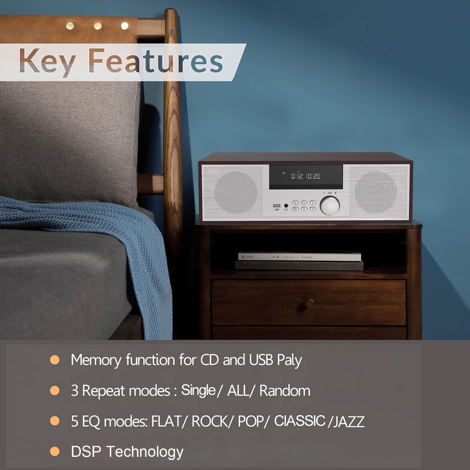 LONPOO Stereo Shelf System for Home, Vintage CD Player 40W RMS Micro ...