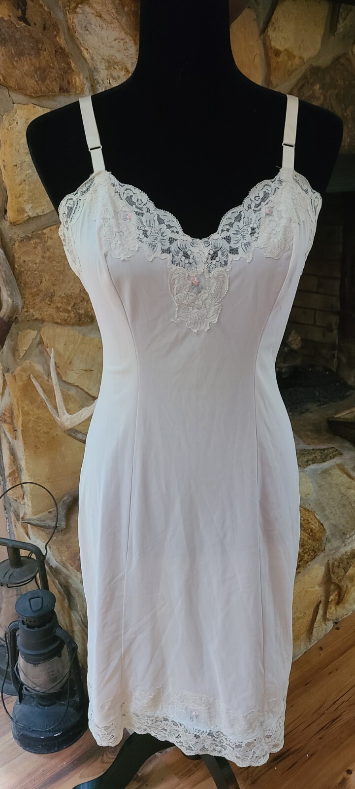 Vintage Shadowline Nylon Full Slip Ivory Lace Pink Fl… - Gem