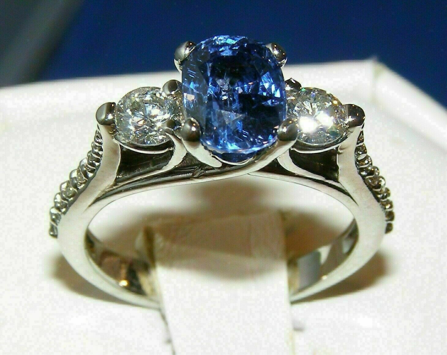 3Ct Oval Simulated Tanzanite Diamond 3 Stone Engagement Ring 14K White ...